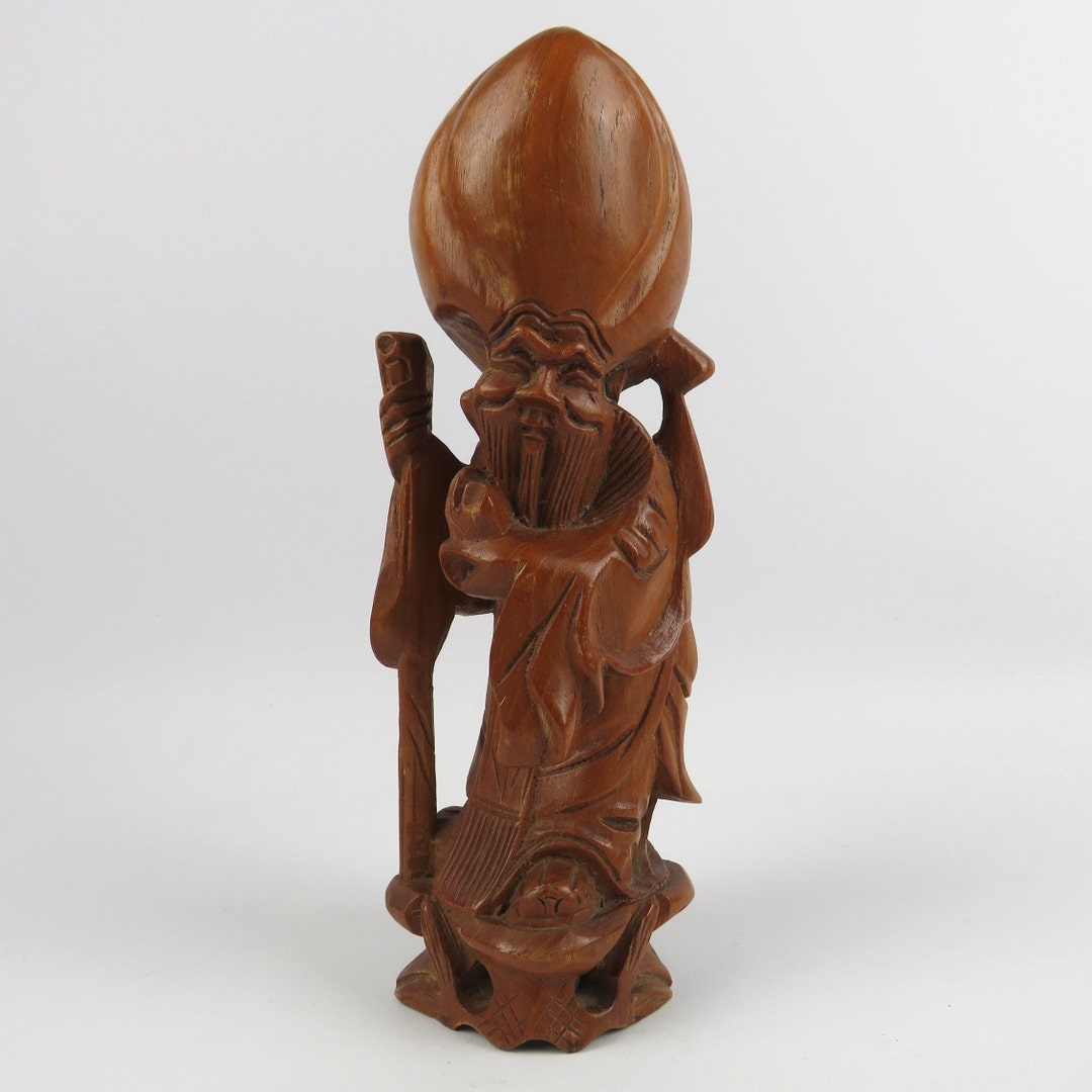 Vintage Chinese Shou Lao Wooden Sculpture, Carved Wood Shou Xing ...