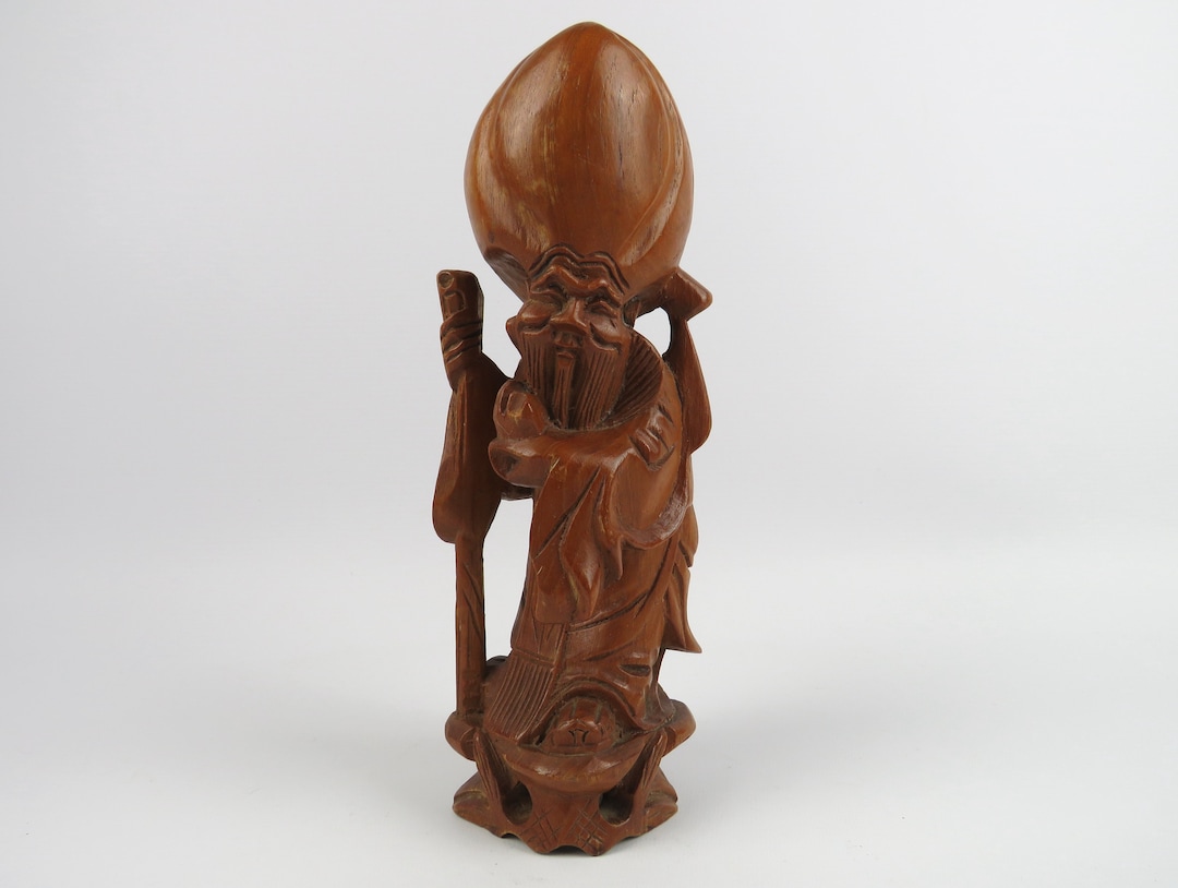 Vintage Chinese Shou Lao Wooden Sculpture, Carved Wood Shou Xing ...
