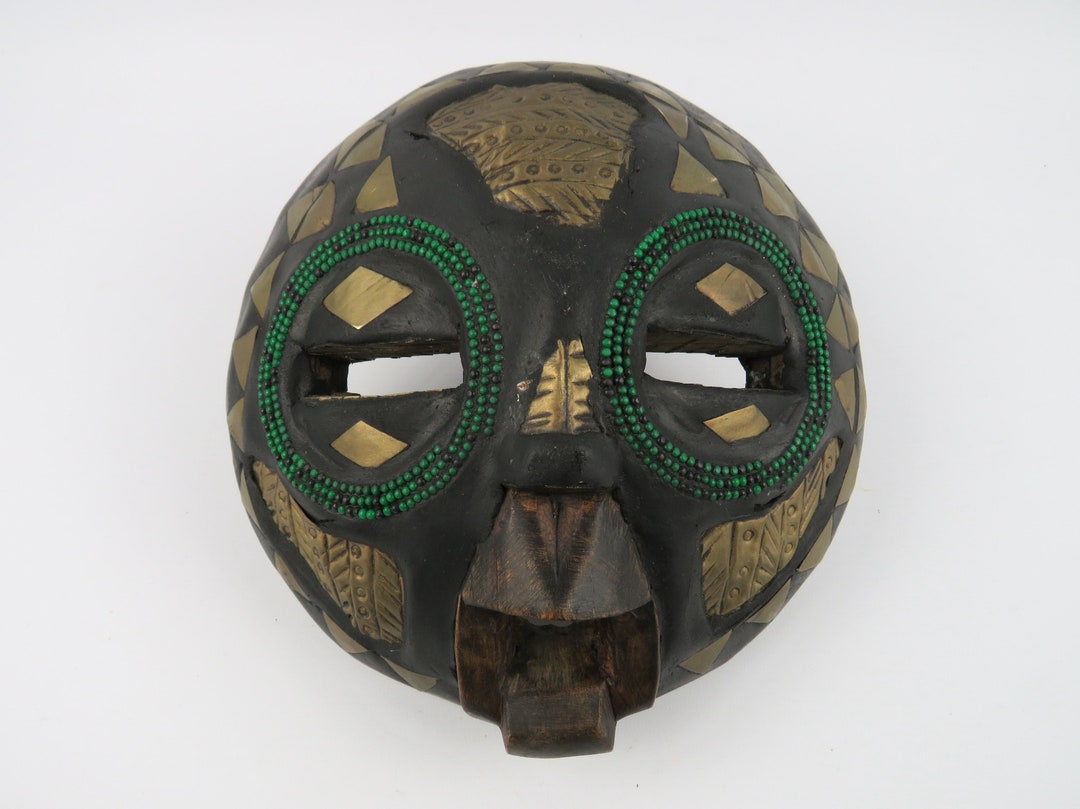 Vintage Ghana African Beaded Mask, Ghana Ashanti Wood Carved Mask With ...