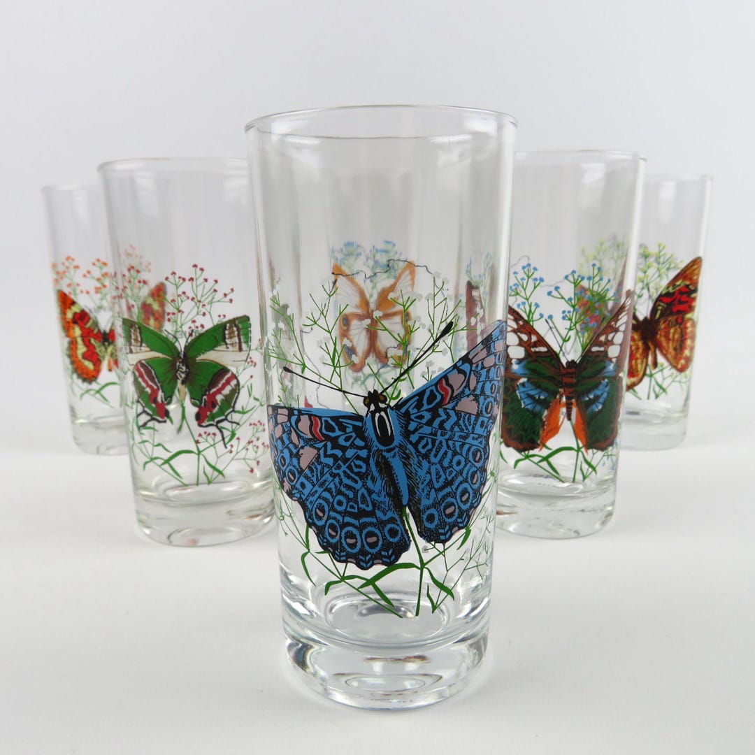 Vintage French Butterflies Tumblers, 6 Collectible Butterfly Drinking ...