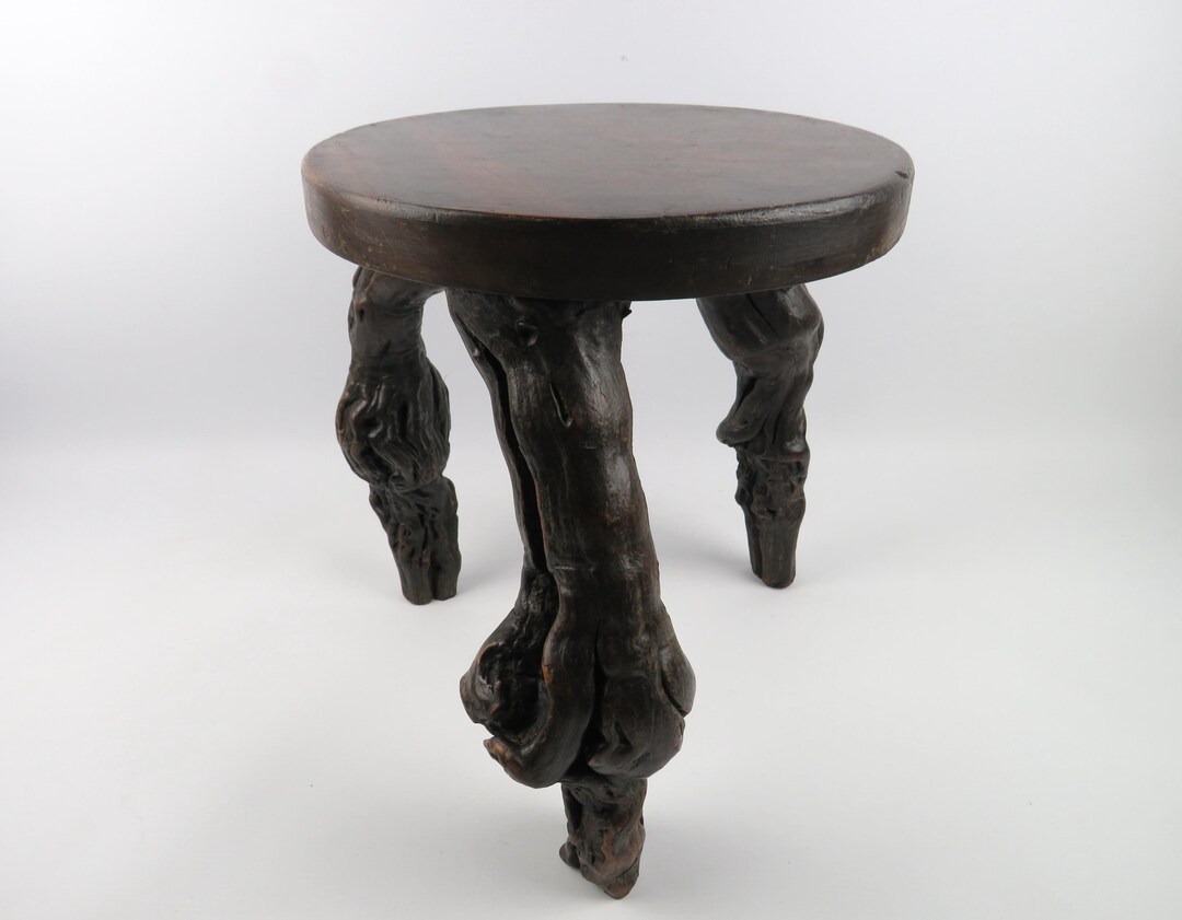 Tripod Oak Stool With Vine Root Legs, Brutalist Tripod Stool, Organic ...