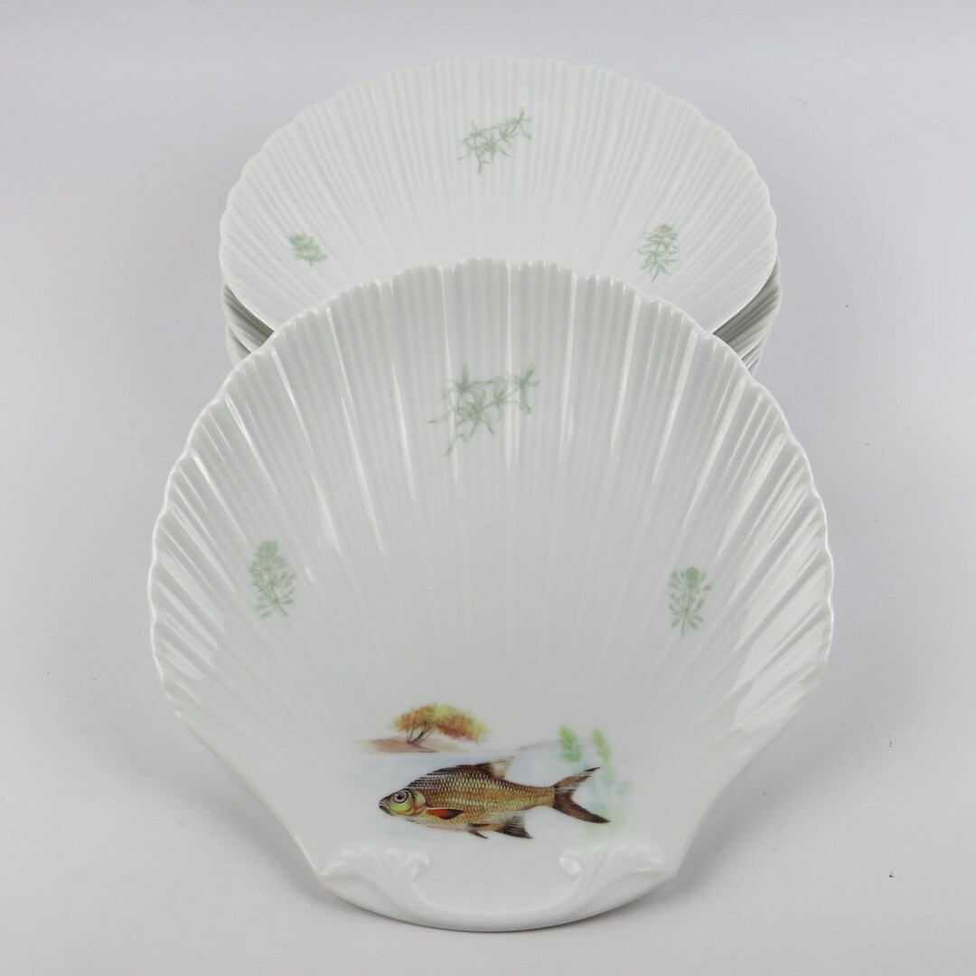 Limoges Porcelain France Fish Dinner Plates, Shell Shaped Plates Set of ...