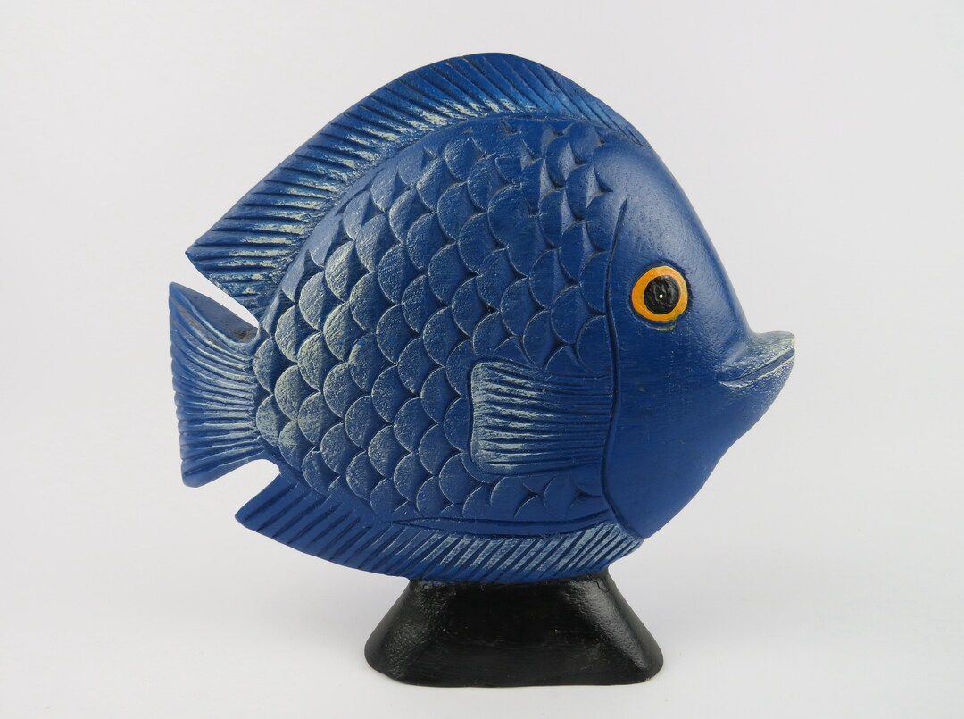 Carved Wood Tropical Fish, Wooden Fish Statue, Hand-painted Big Blue ...