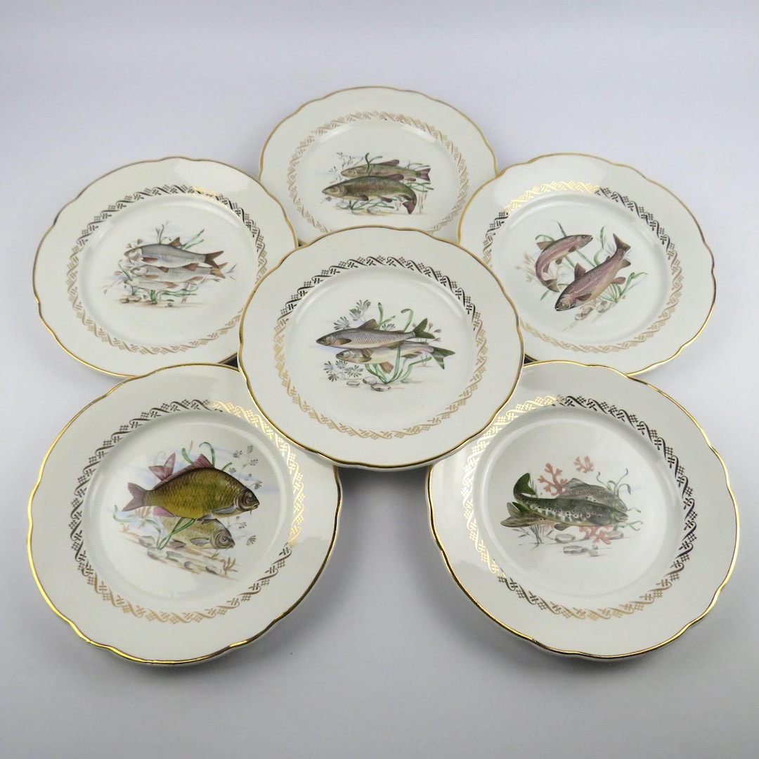 Vintage French Fish Dinner Plates, French Fish Plate Set of 6, 1960s ...