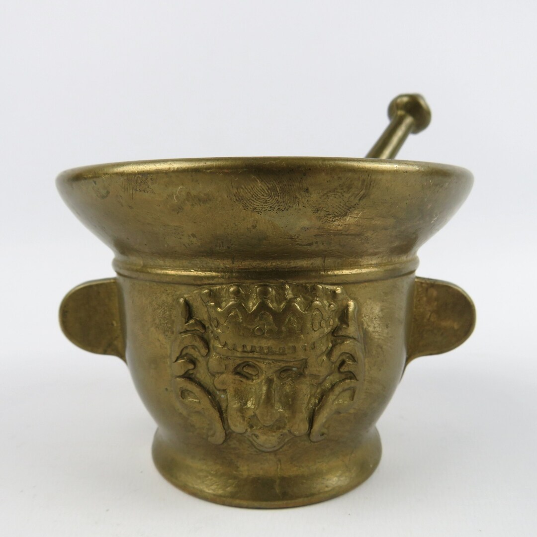 Antique Mortar and Pestle, Solid Bronze Apothecary Mortar, Crowned Head ...
