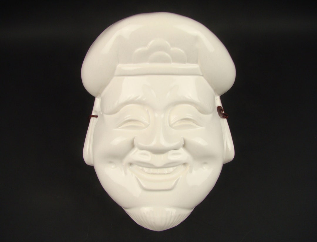 Vintage Japanese Ebisu Mask in White Glazed Porcelain, Asian Wall Mask ...