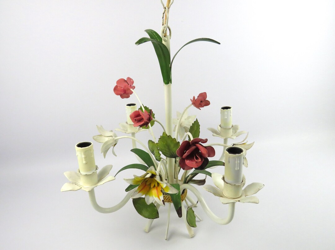 Vintage Florentine Tole Floral Chandelier, Enameled Metal Tole Flowers ...