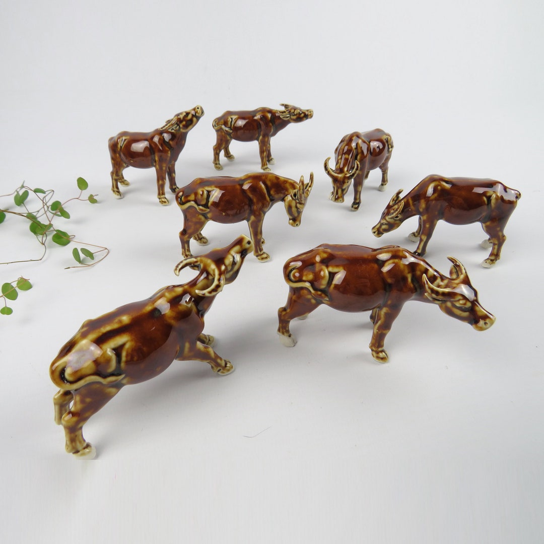 Studio Pottery Porcelain Cow Set, Hand Painted Miniature Cows Bulls ...