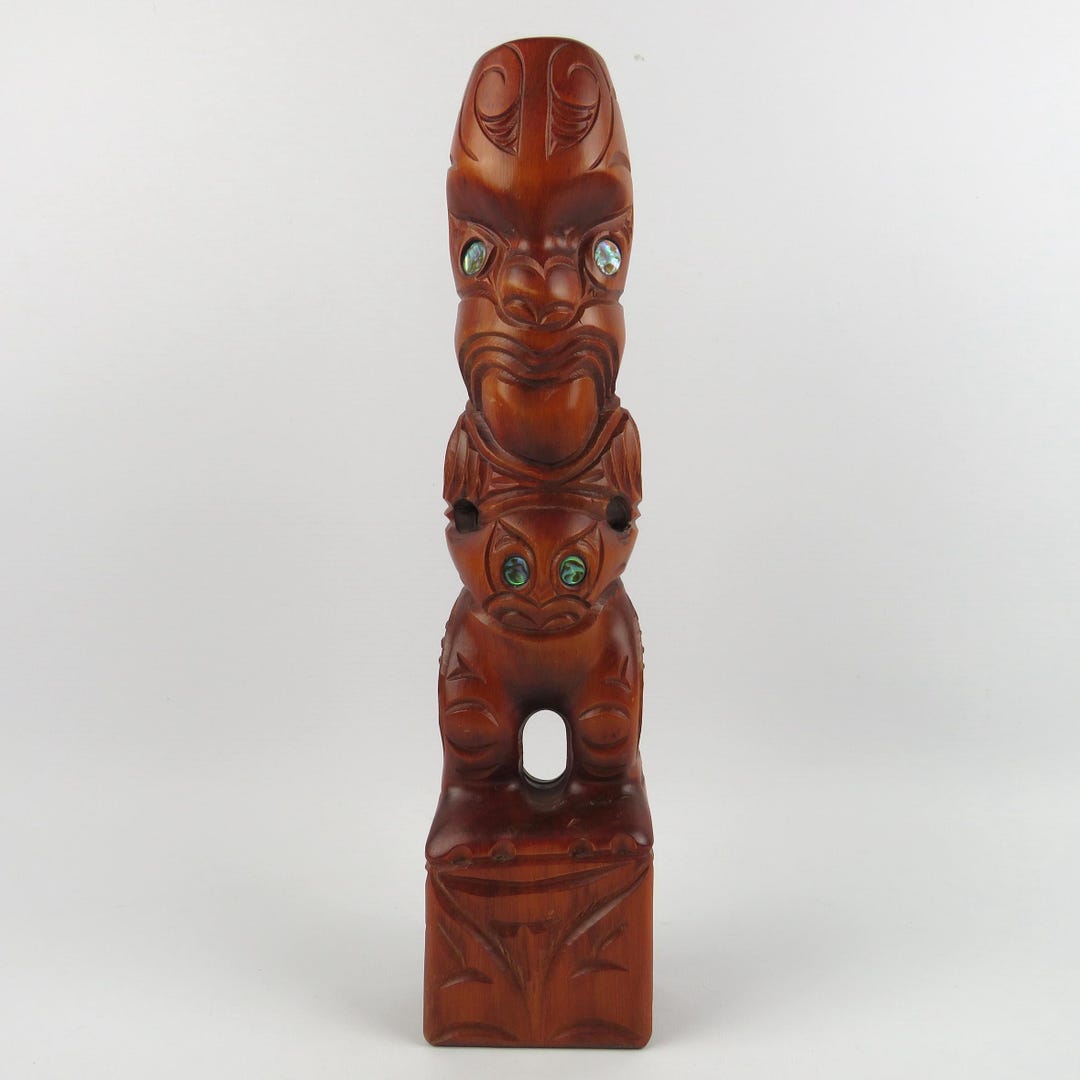 New Zealand Maori Tiki Tekoteko, Matai Wood Tiki Statue With Paua Shell ...
