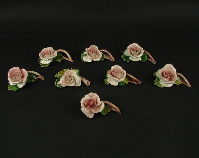 Antique Capodimonte Pink Roses Flowers Set of 8, Bisque Porcelain ...
