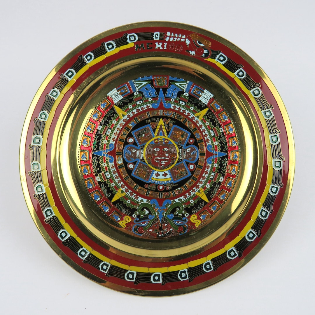 Aztec Mayan Sun Calendar, Brass & Enamels Aztec Calendar, Native ...