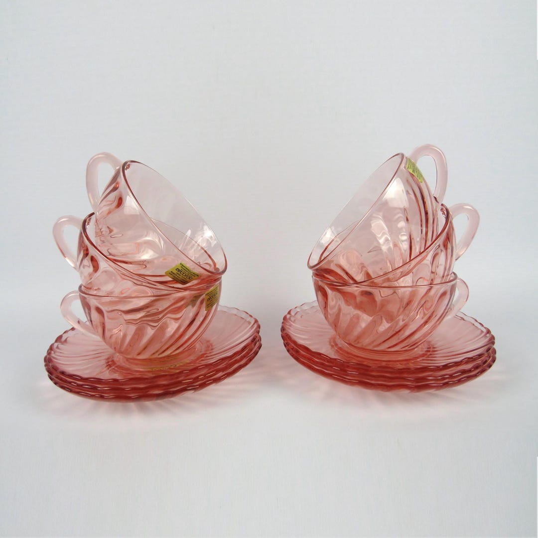 Arcoroc Rosaline Pink Swirl Glass Cups and Saucers, Blush Pink Glass ...