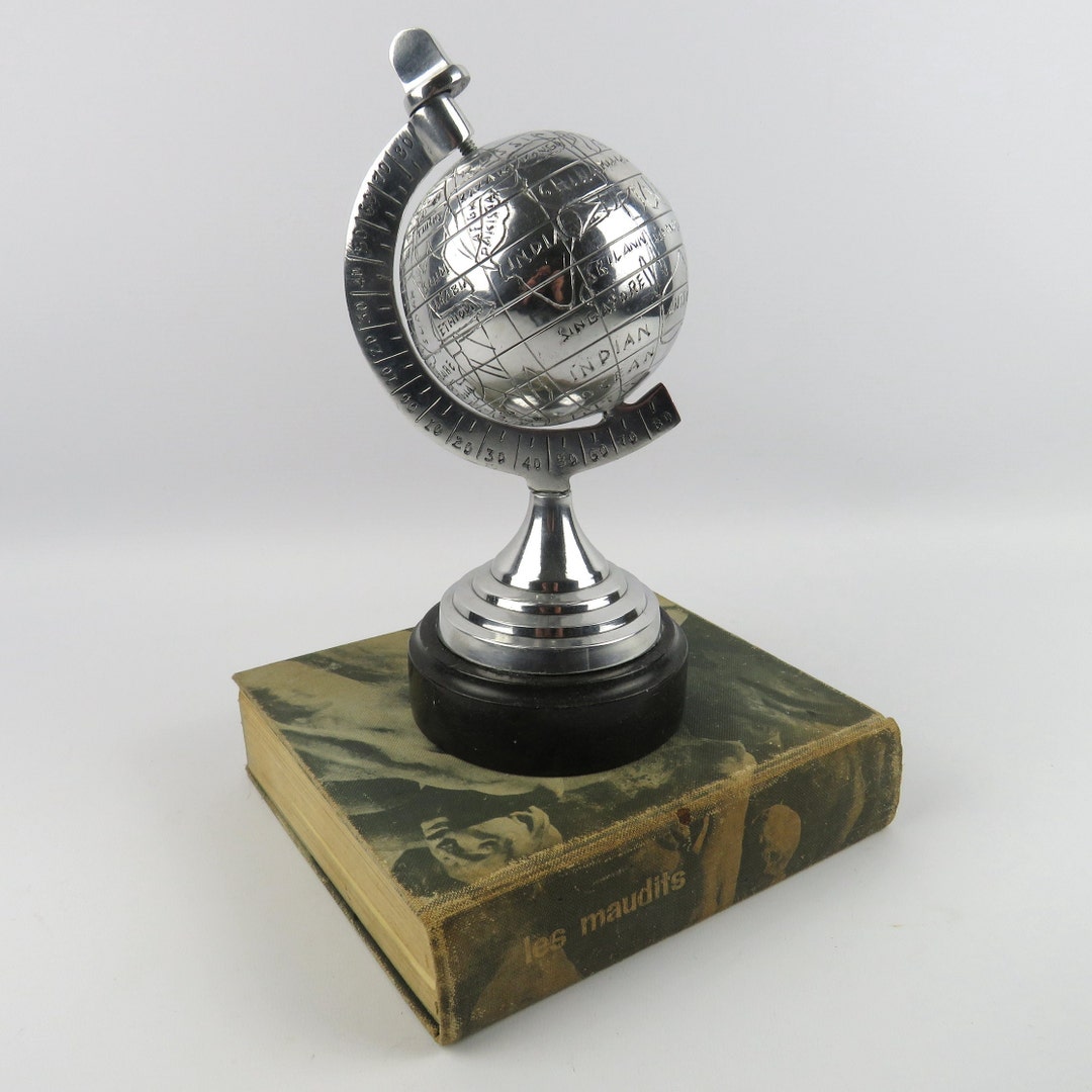 Vintage Chrome Metal Globe on Stone Base, Engraved Metal World Globe ...