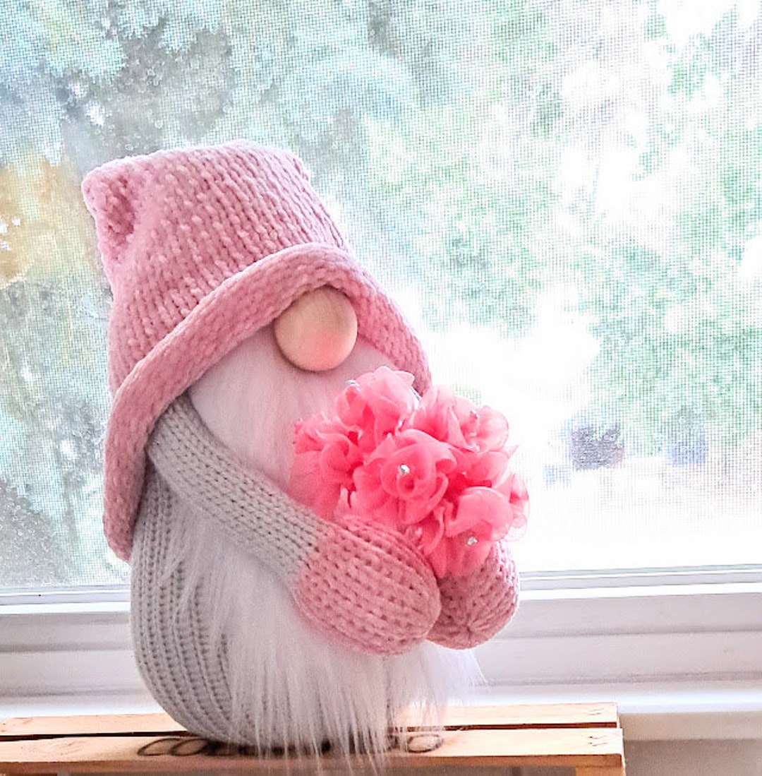 Chenille Rose Pink Gnome Slouchy Hat Plush Gnome With Knitted Arms and ...