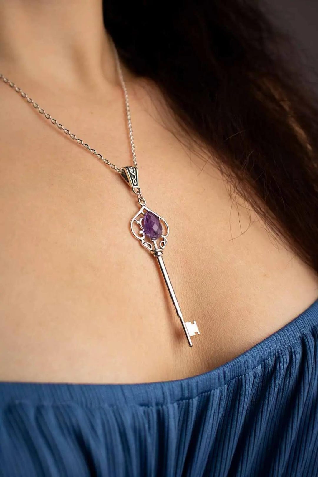 Amethyst Stone Key Pendant - Silver Chain - Key of Dreams - Etsy
