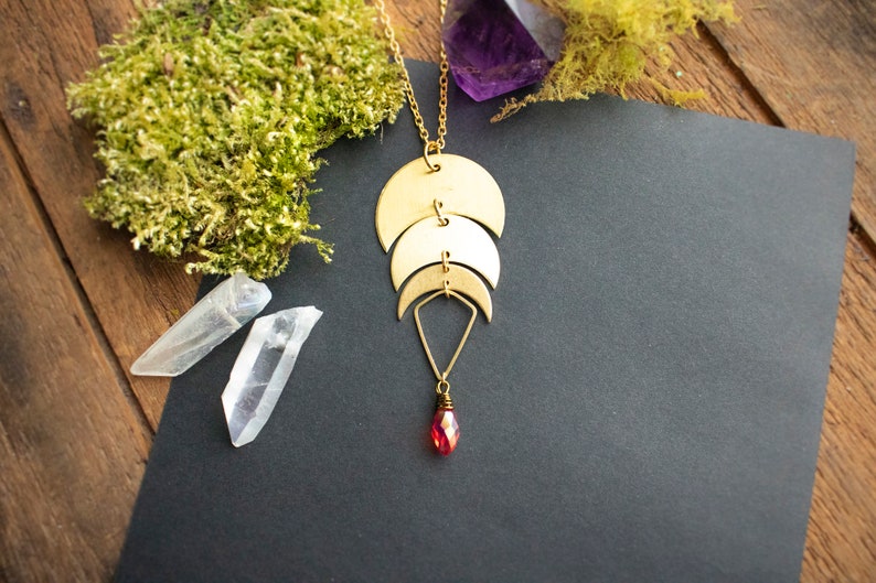 Ruby Cycle Moon pendant red glass pendant half-moons brass | Etsy
