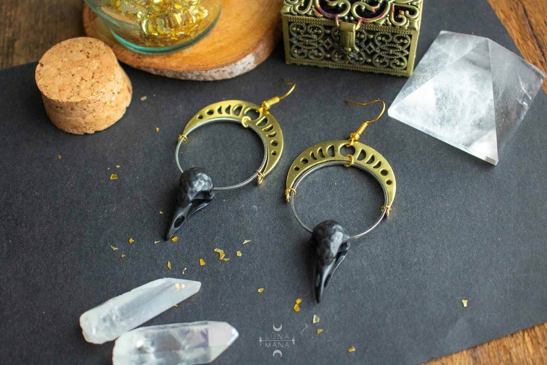 Bird Skull Earrings - Gold Moon Phases - Nyx - Etsy