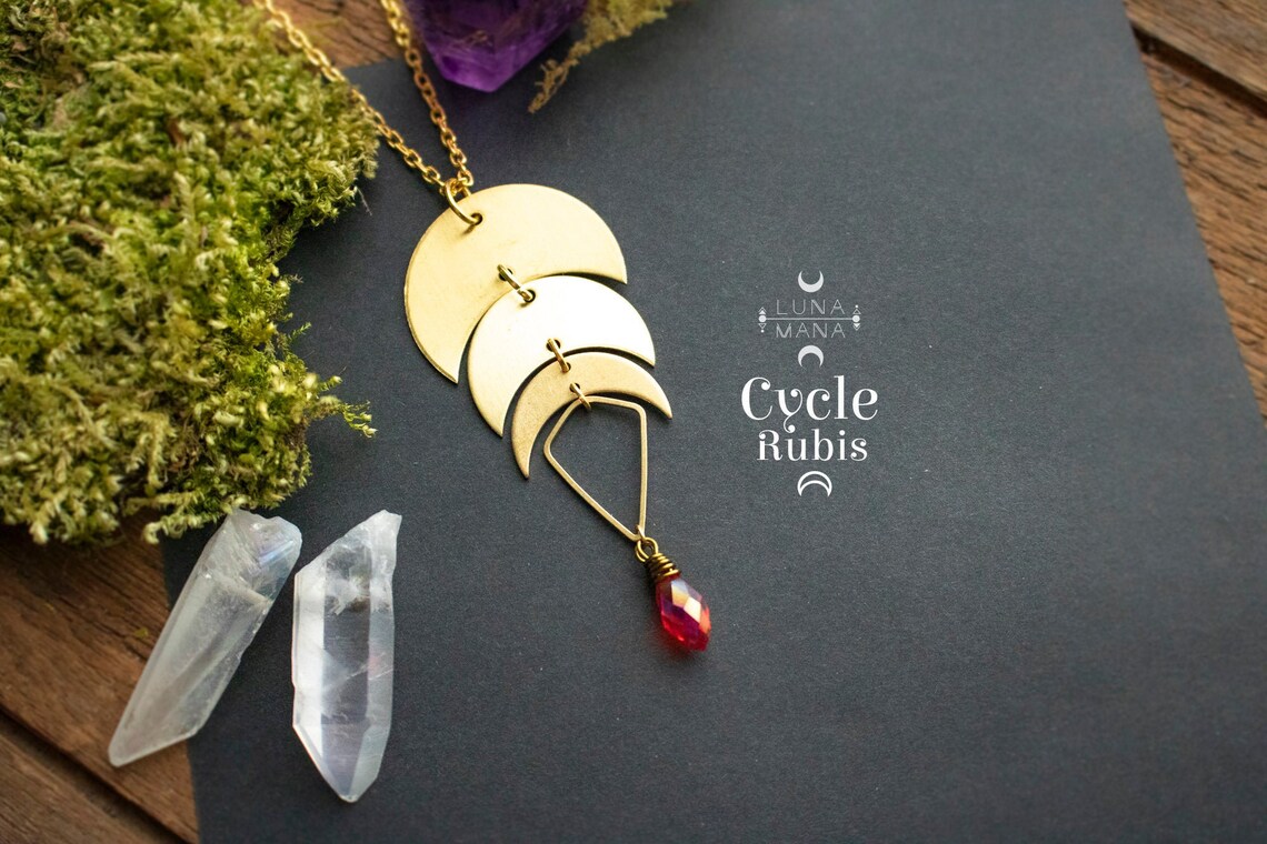 Ruby Cycle Moon pendant red glass pendant half-moons brass | Etsy
