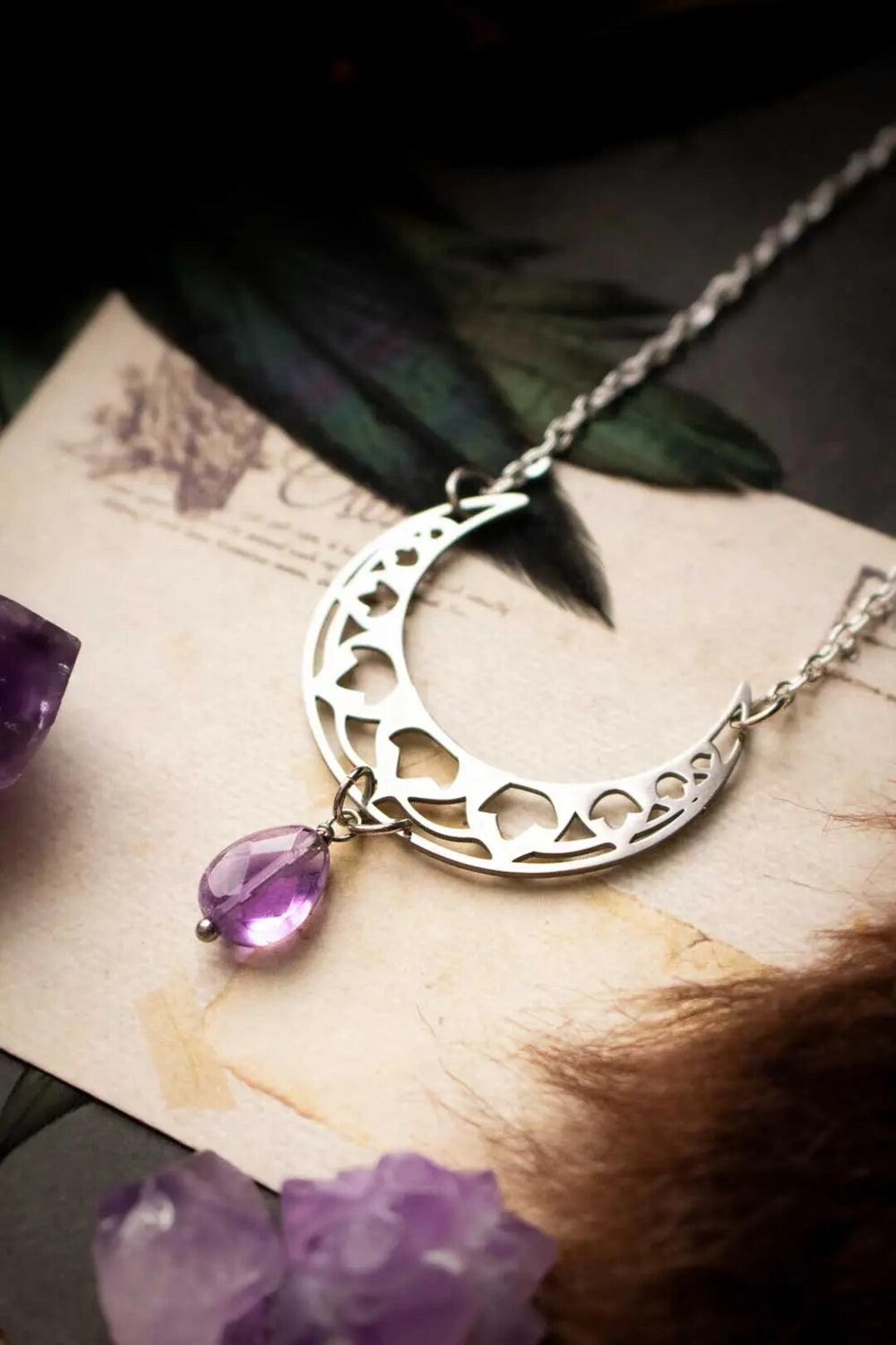 Amethyst Moon Necklace - Stainless Steel - Amethyst - Etsy
