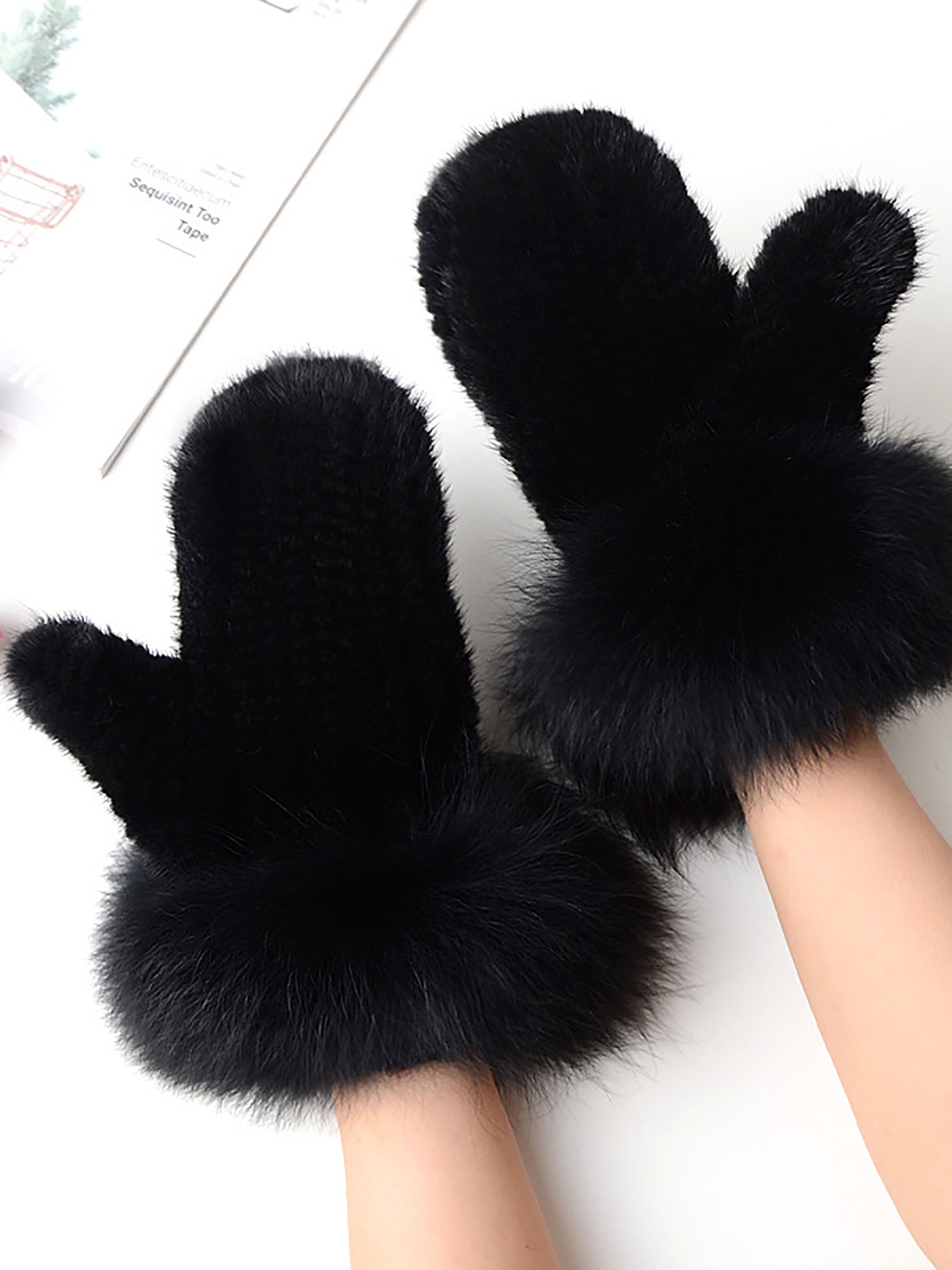 Luxury Women Natural Mink Fur Mittens Fox Fur Trimming Real Mink Fur ...