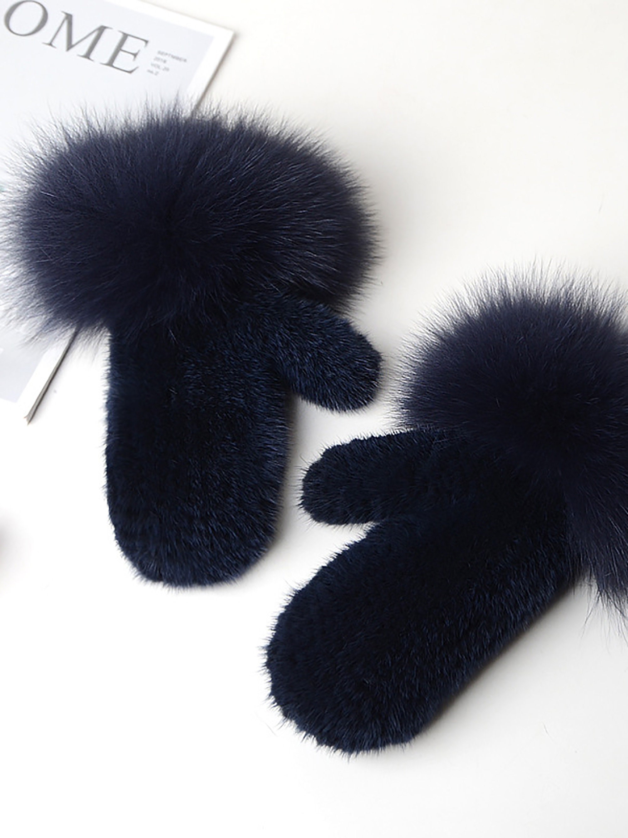 Luxury Women Natural Mink Fur Mittens Fox Fur Trimming Real Mink Fur ...