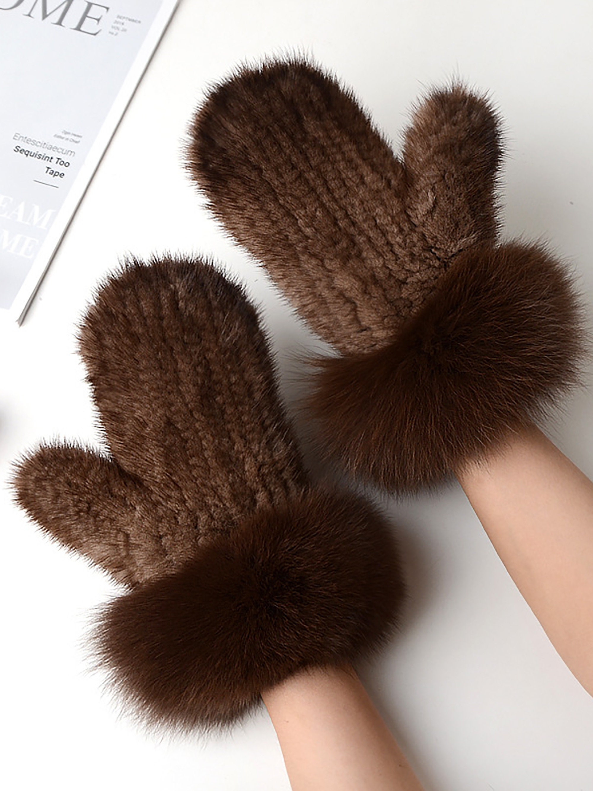 Luxury Women Natural Mink Fur Mittens Fox Fur Trimming Real Mink Fur ...