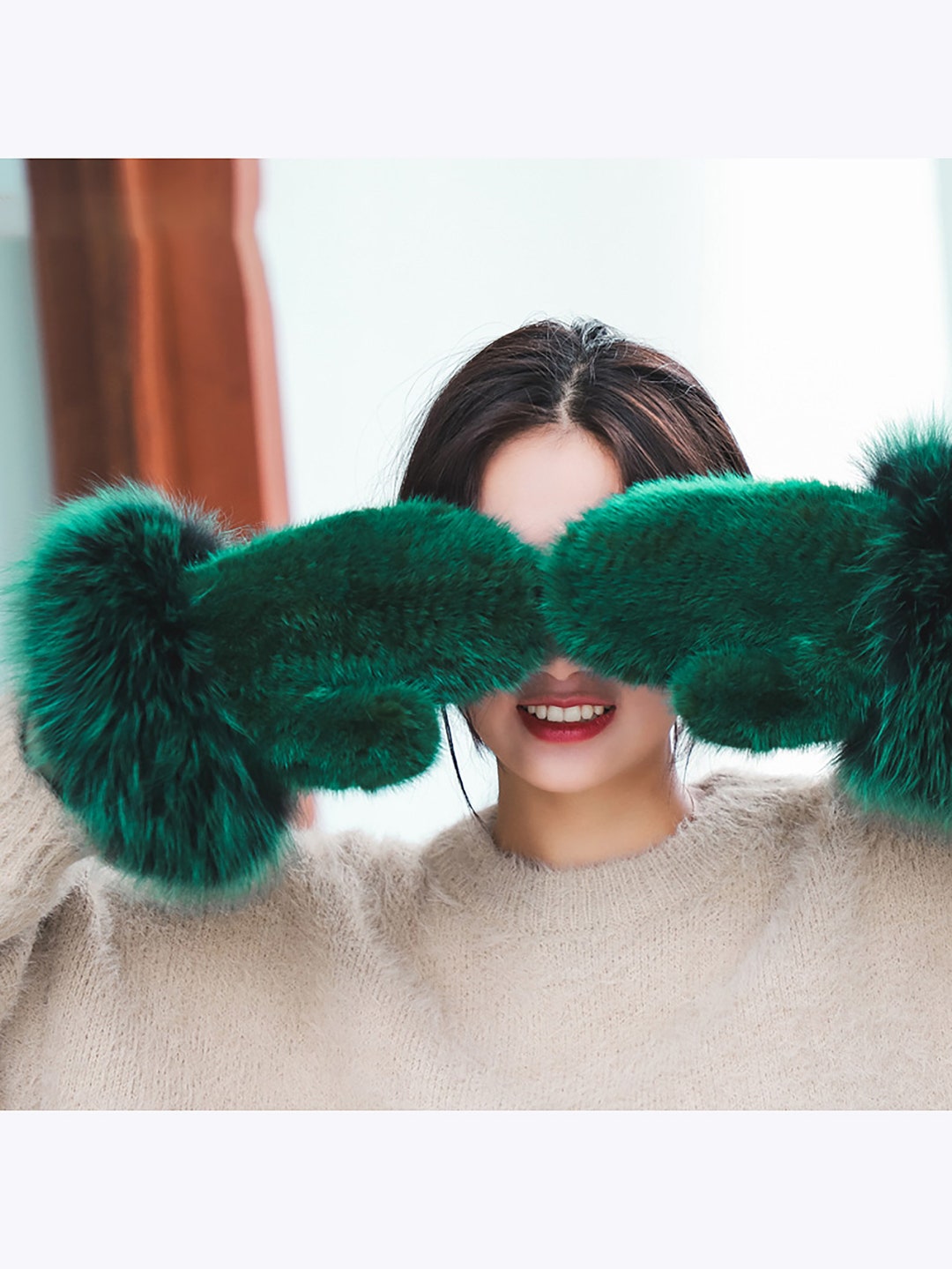 Luxury Women Natural Mink Fur Mittens Fox Fur Trimming Real Mink Fur ...