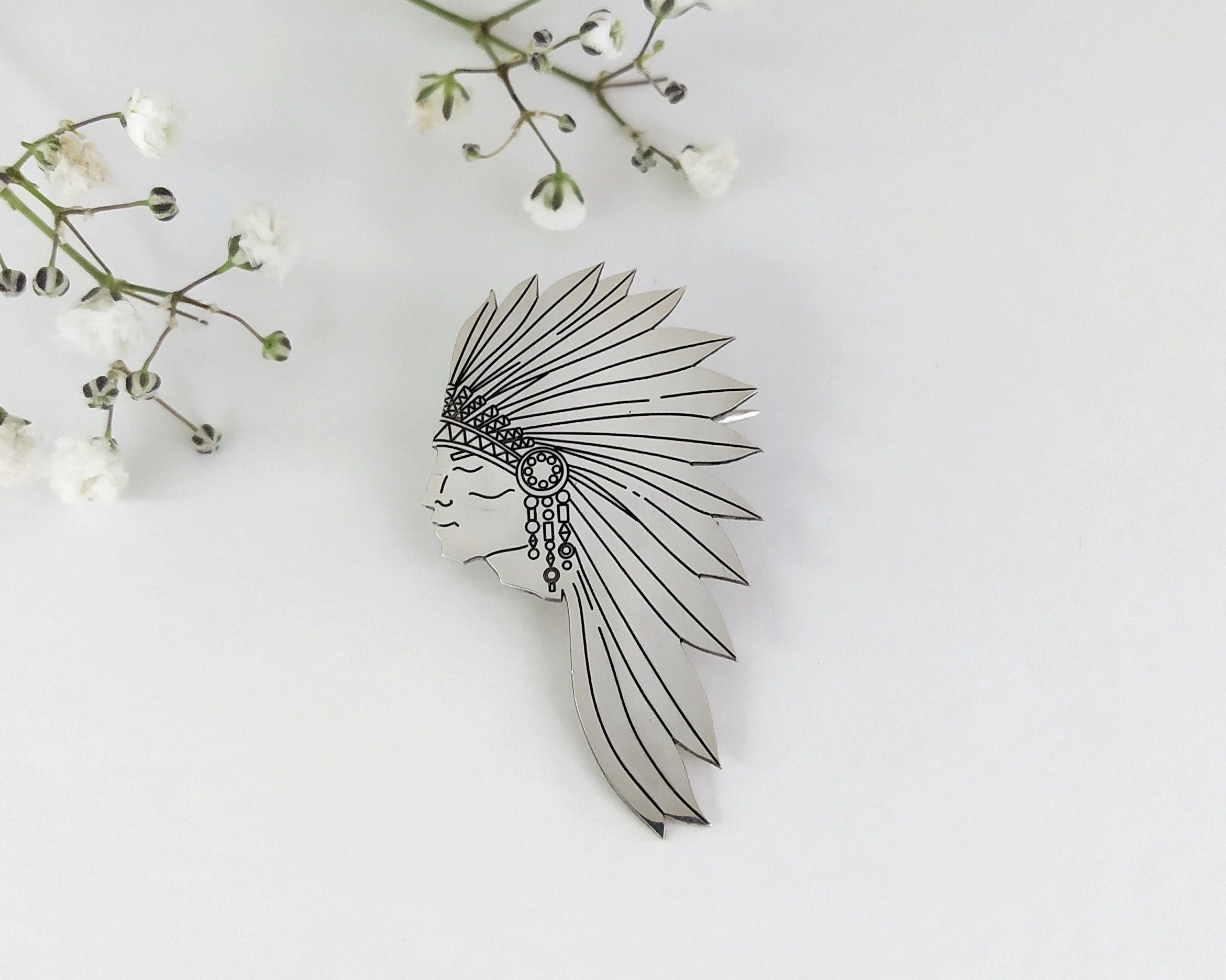 Sterling silver Indian Chief pin. Native American Head. | Etsy