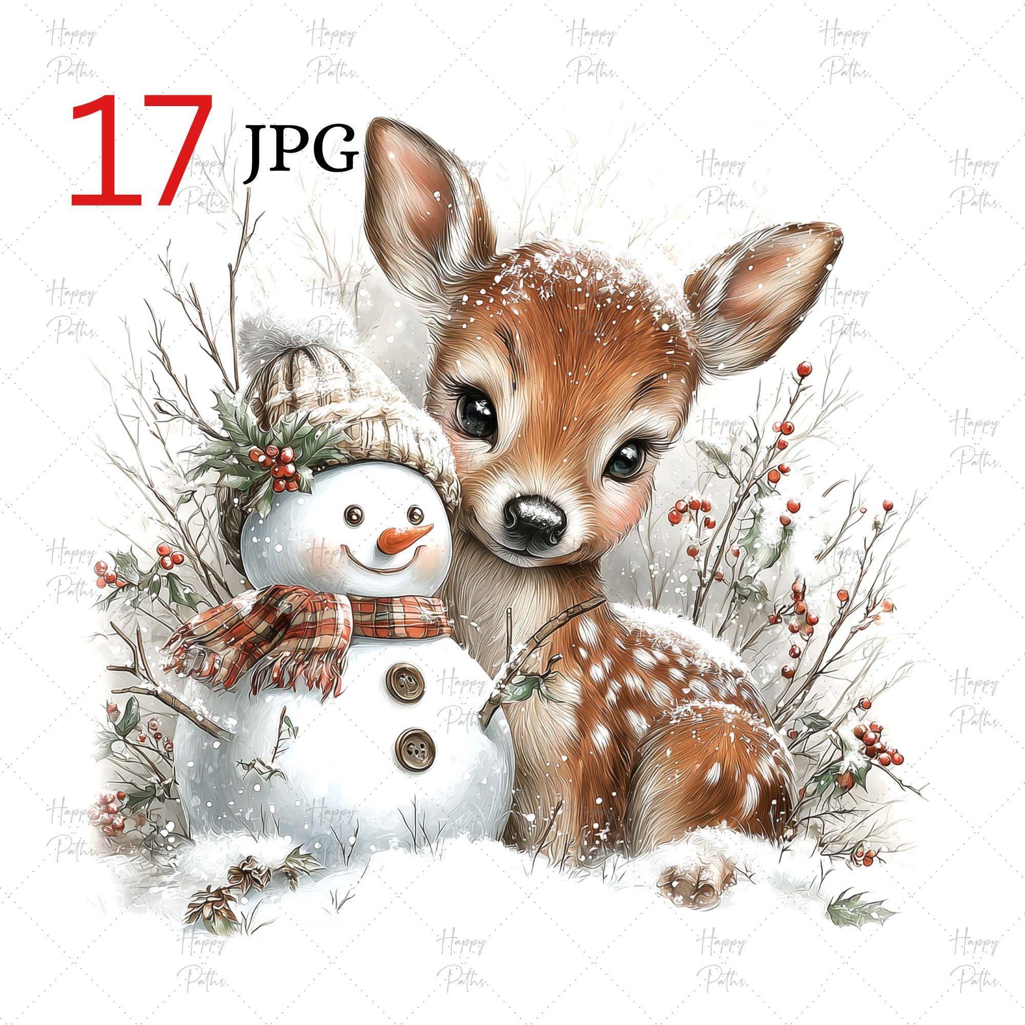17 Christmas Reindeer and Snowman Clipart Set, Watercolor Winter ...