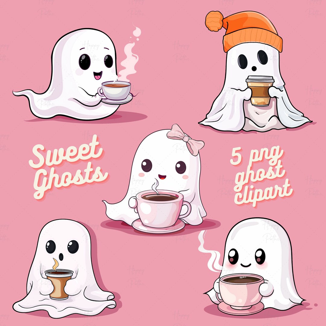 Cute Ghost With Coffee Halloween Clipart Set Ghost Png Ghost Drinking ...
