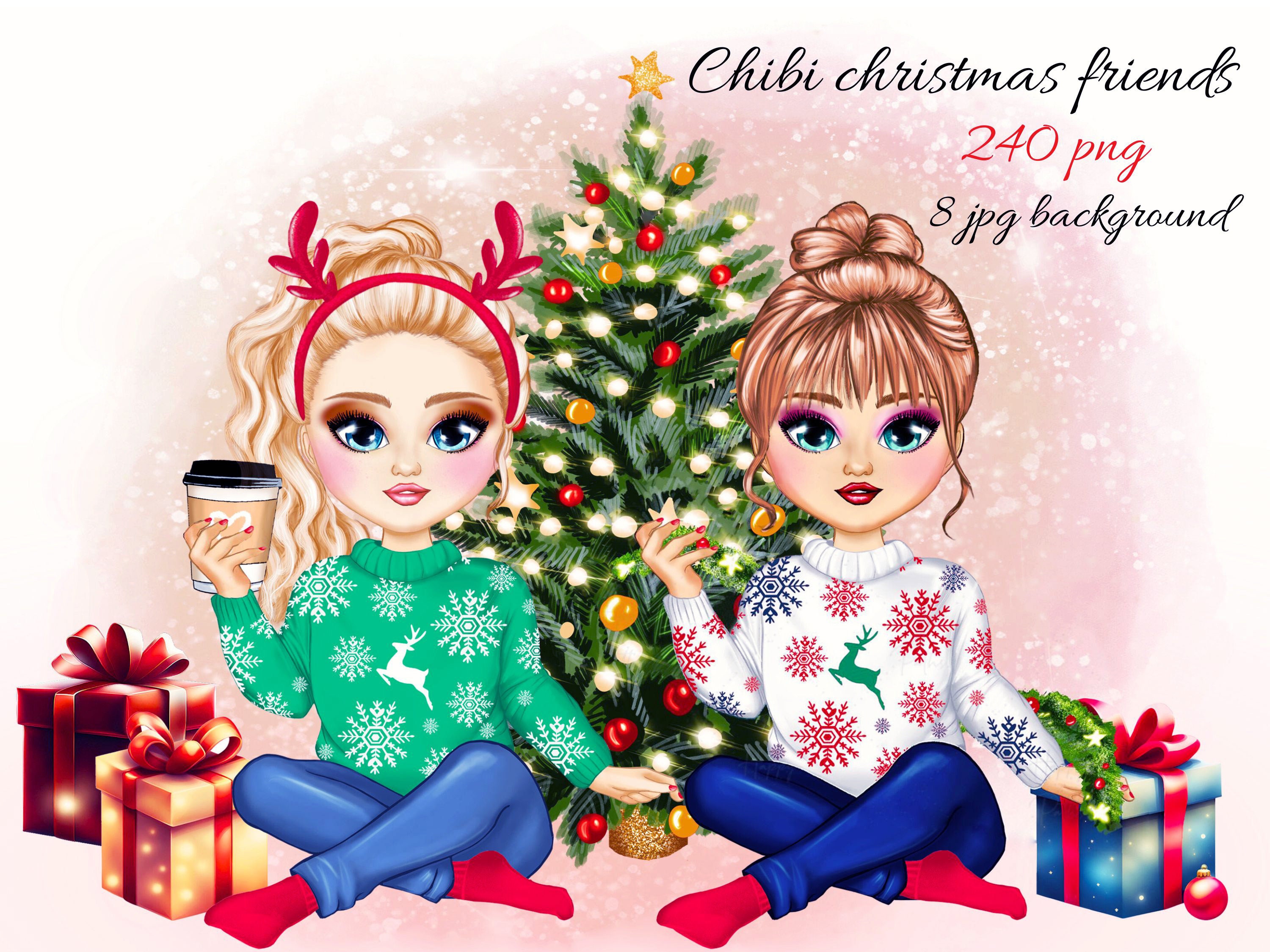 Custom Christmas Chibi Best Friends Clipart,soul Sisters Clipart, BFF ...