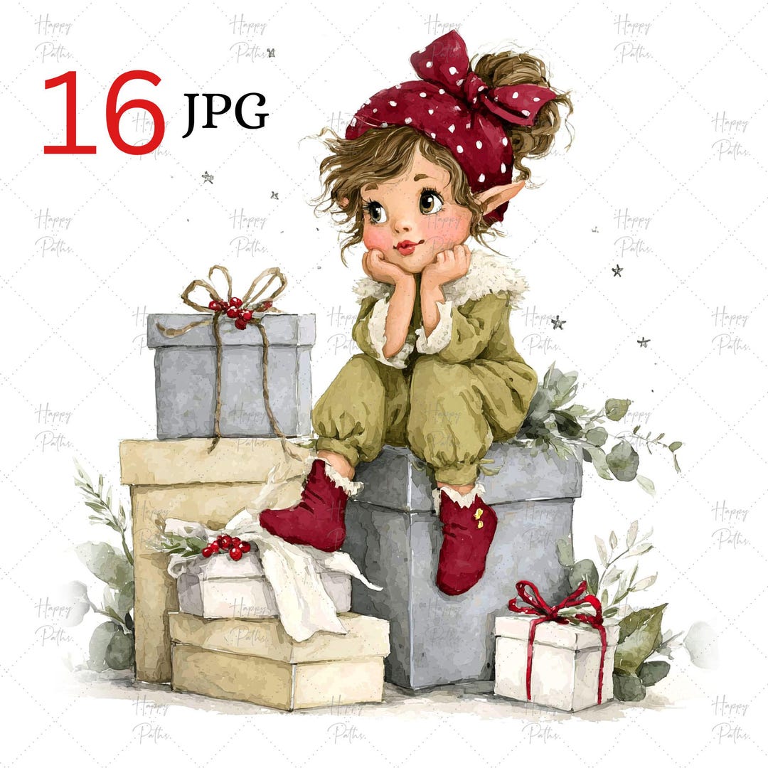 Retro Christmas Elf Girls Clipart Bundle | 16 JPG Cute Vintage Holiday ...
