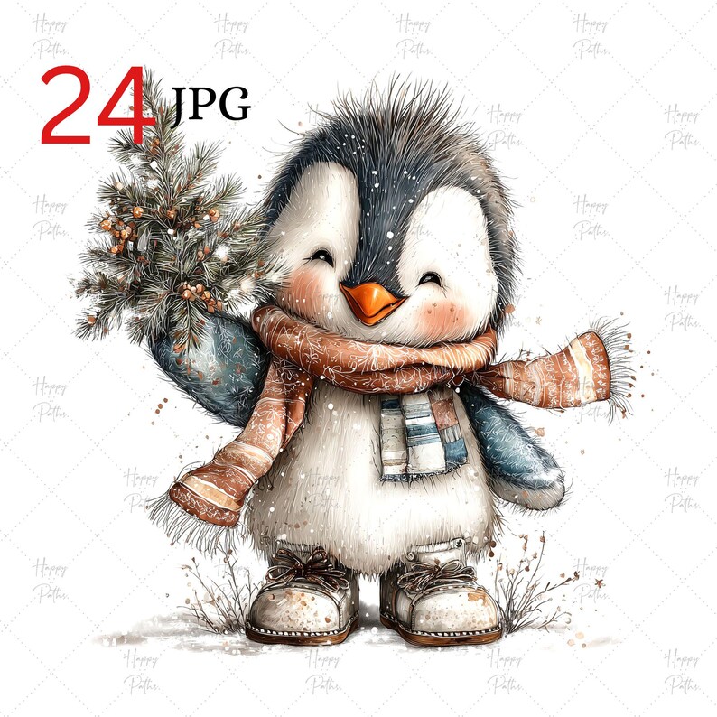 24 Christmas Penguin Clipart, Winter Animals With Scarf & Boots ...