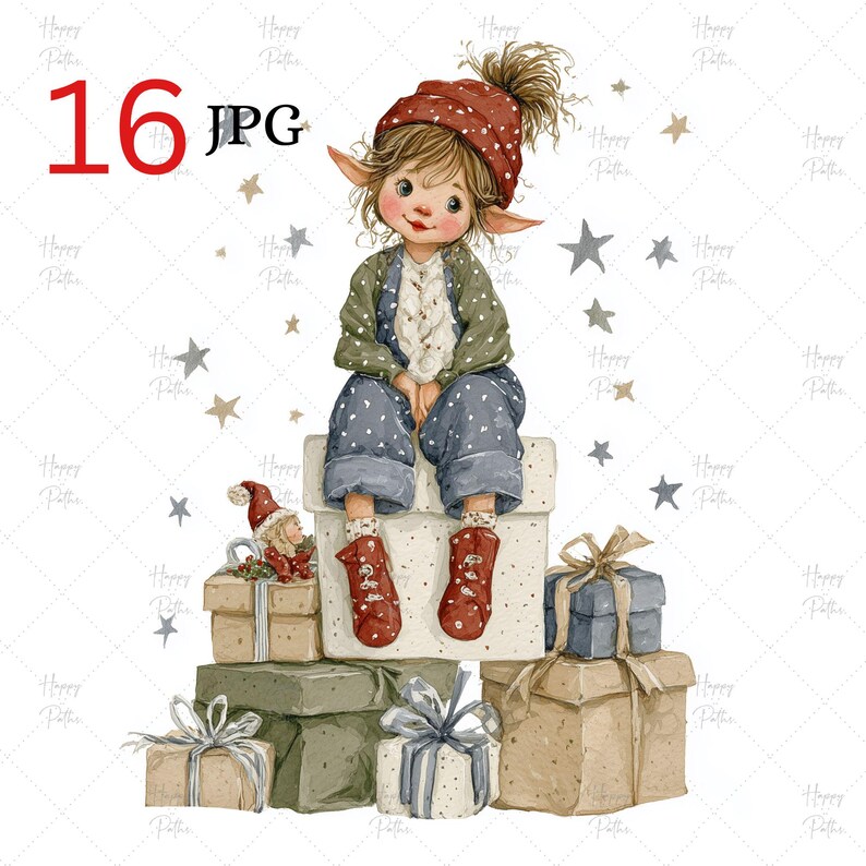 Retro Christmas Elf Girls Clipart Bundle | 16 JPG Cute Vintage Holiday ...