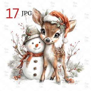 17 Christmas Reindeer and Snowman Clipart Set, Watercolor Winter ...