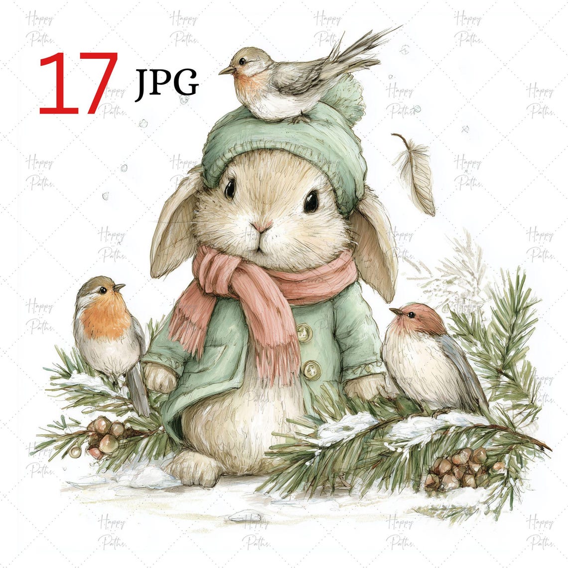 17 Winter Bunny Clipart Set, Watercolor Christmas Rabbits Jpgs ...
