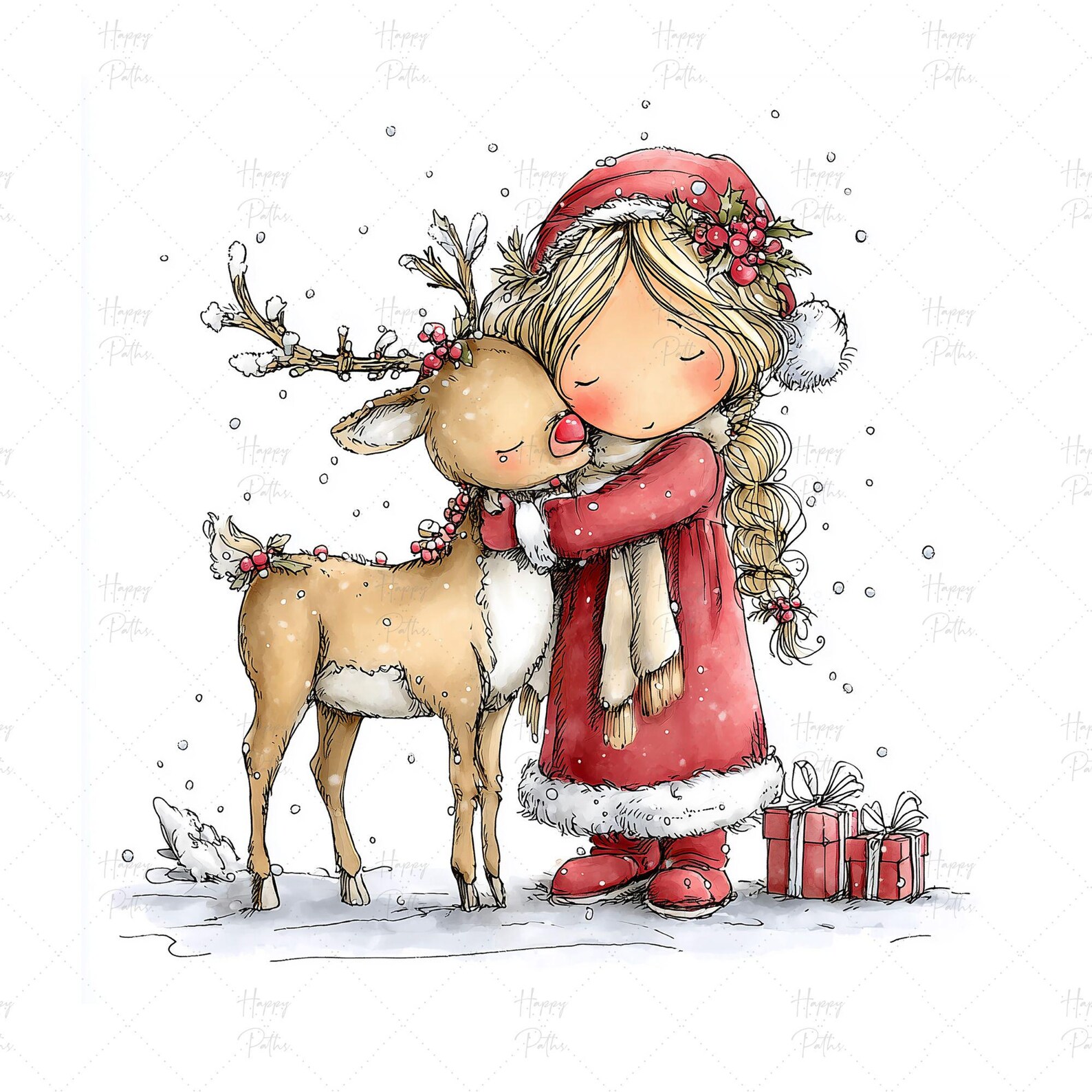 18 Cute Christmas Girl Clipart, Whimsical Santa Girls Hugging Reindeer ...