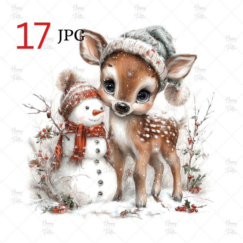 17 Christmas Reindeer and Snowman Clipart Set, Watercolor Winter ...
