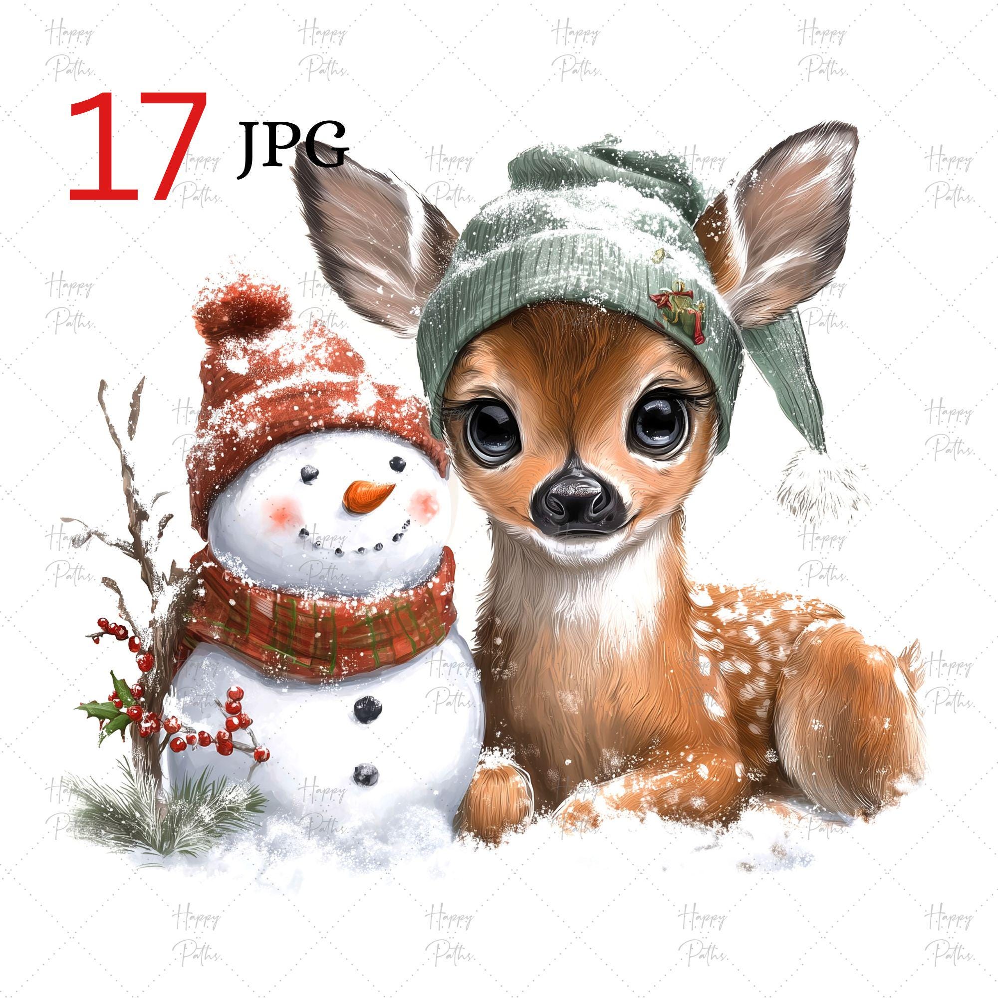 17 Christmas Reindeer and Snowman Clipart Set, Watercolor Winter ...