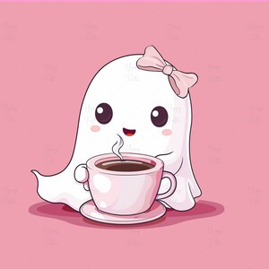 Cute Ghost With Coffee Halloween Clipart Set Ghost Png Ghost Drinking ...