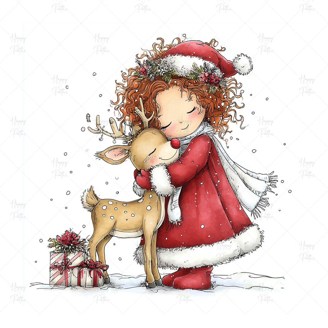 18 Cute Christmas Girl Clipart, Whimsical Santa Girls Hugging Reindeer ...