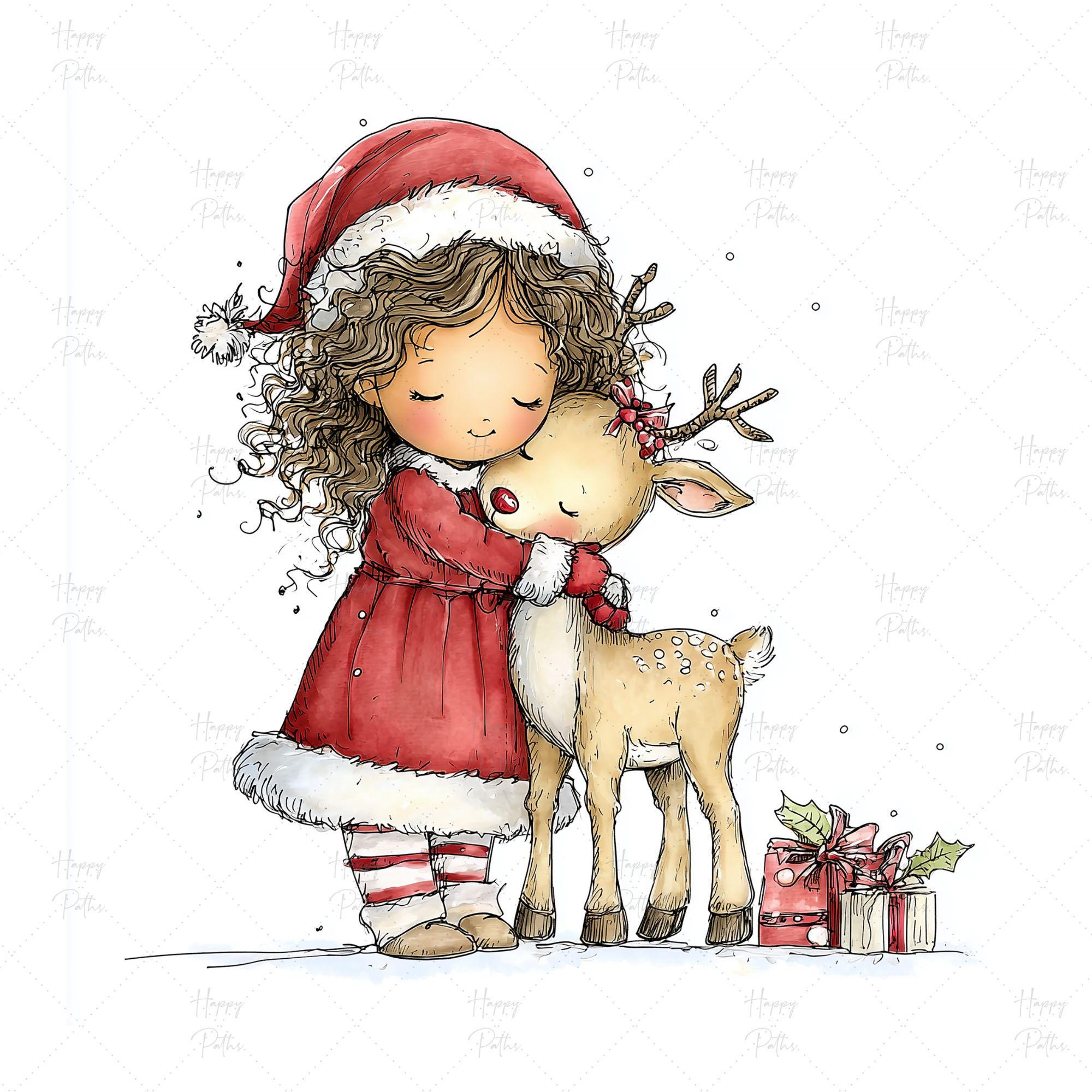 18 Cute Christmas Girl Clipart, Whimsical Santa Girls Hugging Reindeer ...