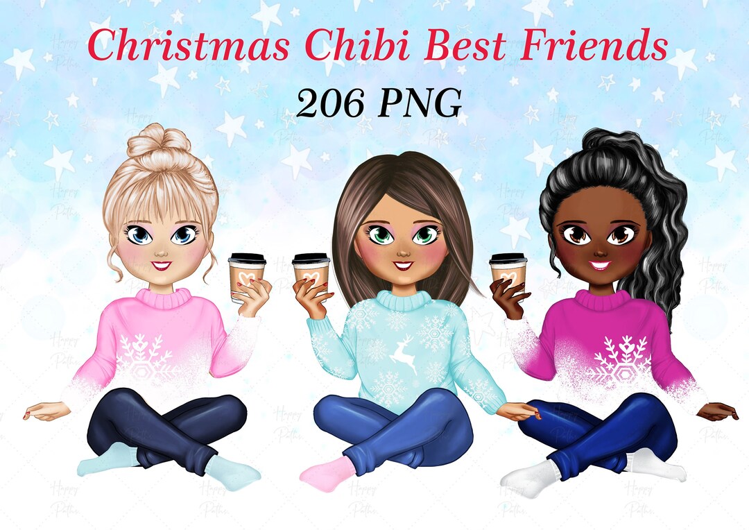 Cute Girls Clipart, Christmas Friends Clipart, Chibi Girls Clipart ...