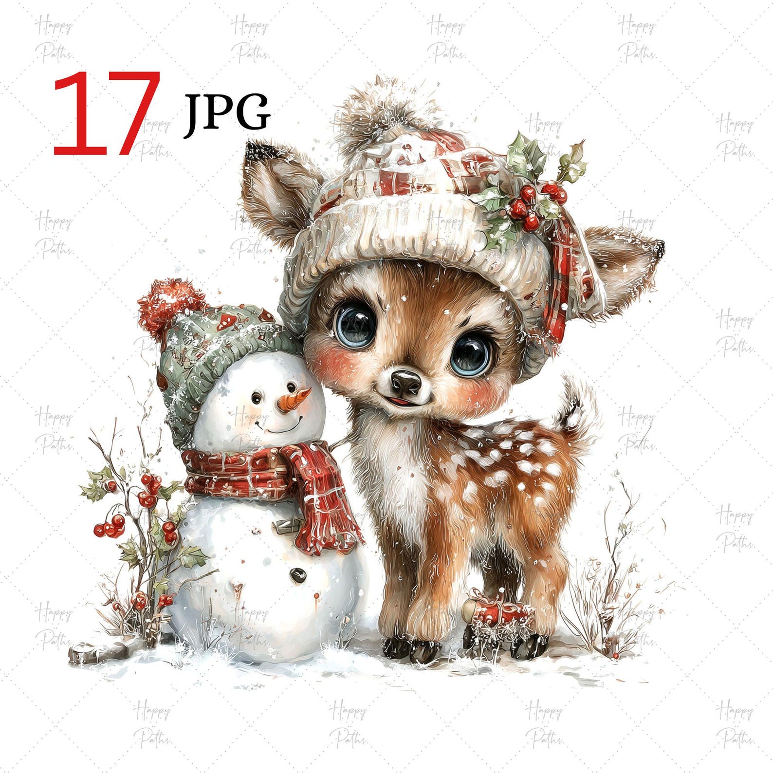 17 Christmas Reindeer and Snowman Clipart Set, Watercolor Winter ...