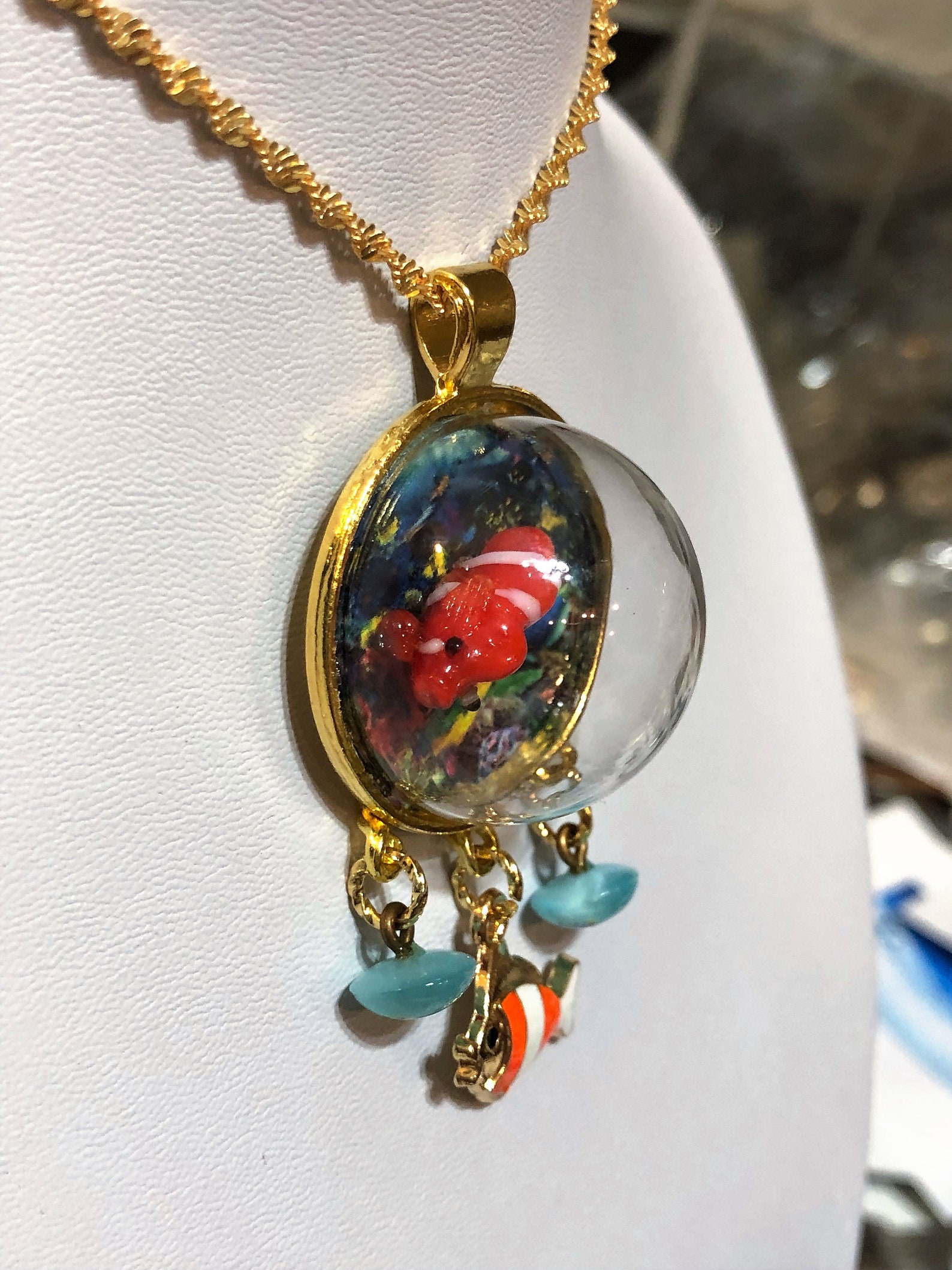 Glass Fish Necklace Gold Necklace Nemo Glass Globe Cabochon Pendant ...