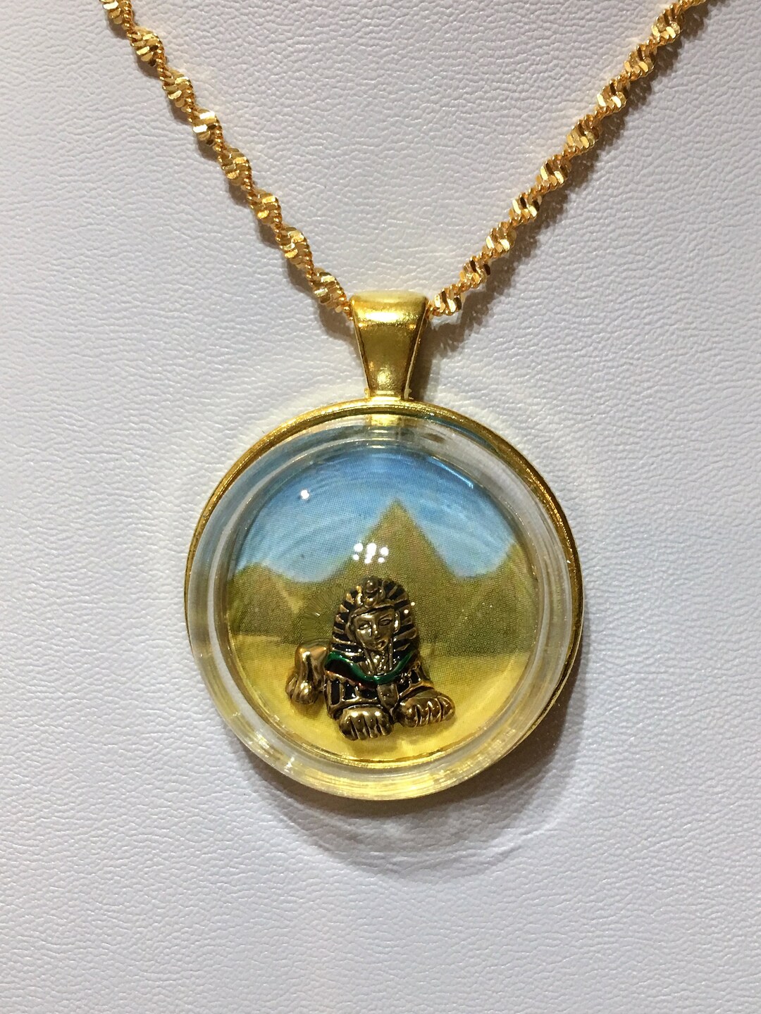 Egyptian Pyramids and Sphinx Gold Pendant Necklace With Chain Glass ...