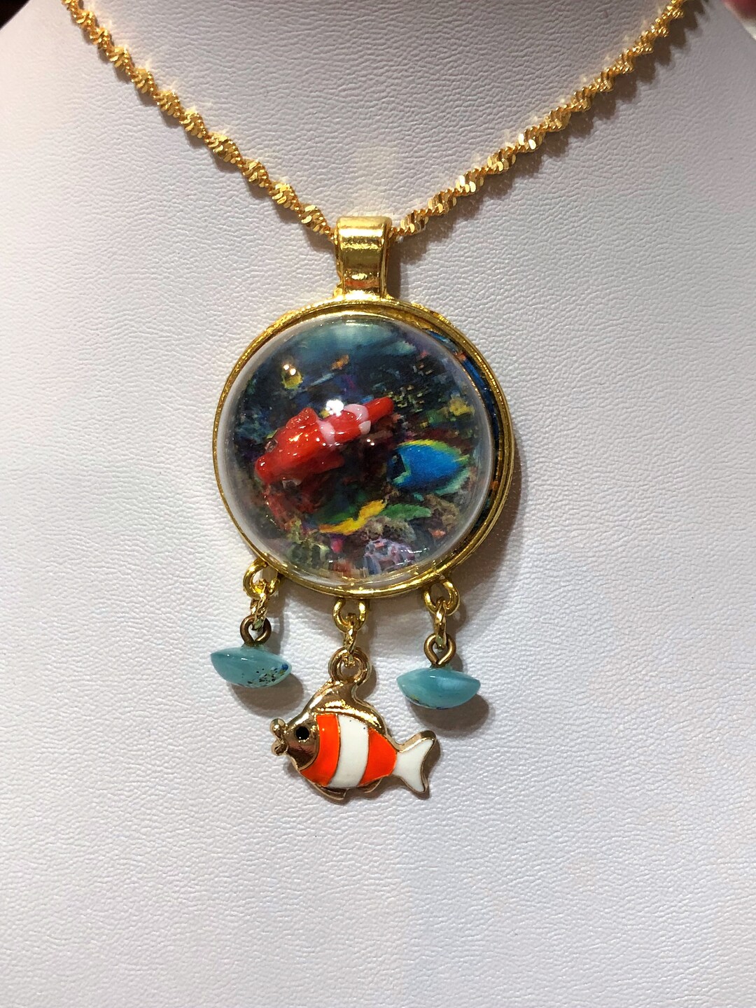 Glass Fish Necklace Gold Necklace Nemo Glass Globe Cabochon Pendant ...
