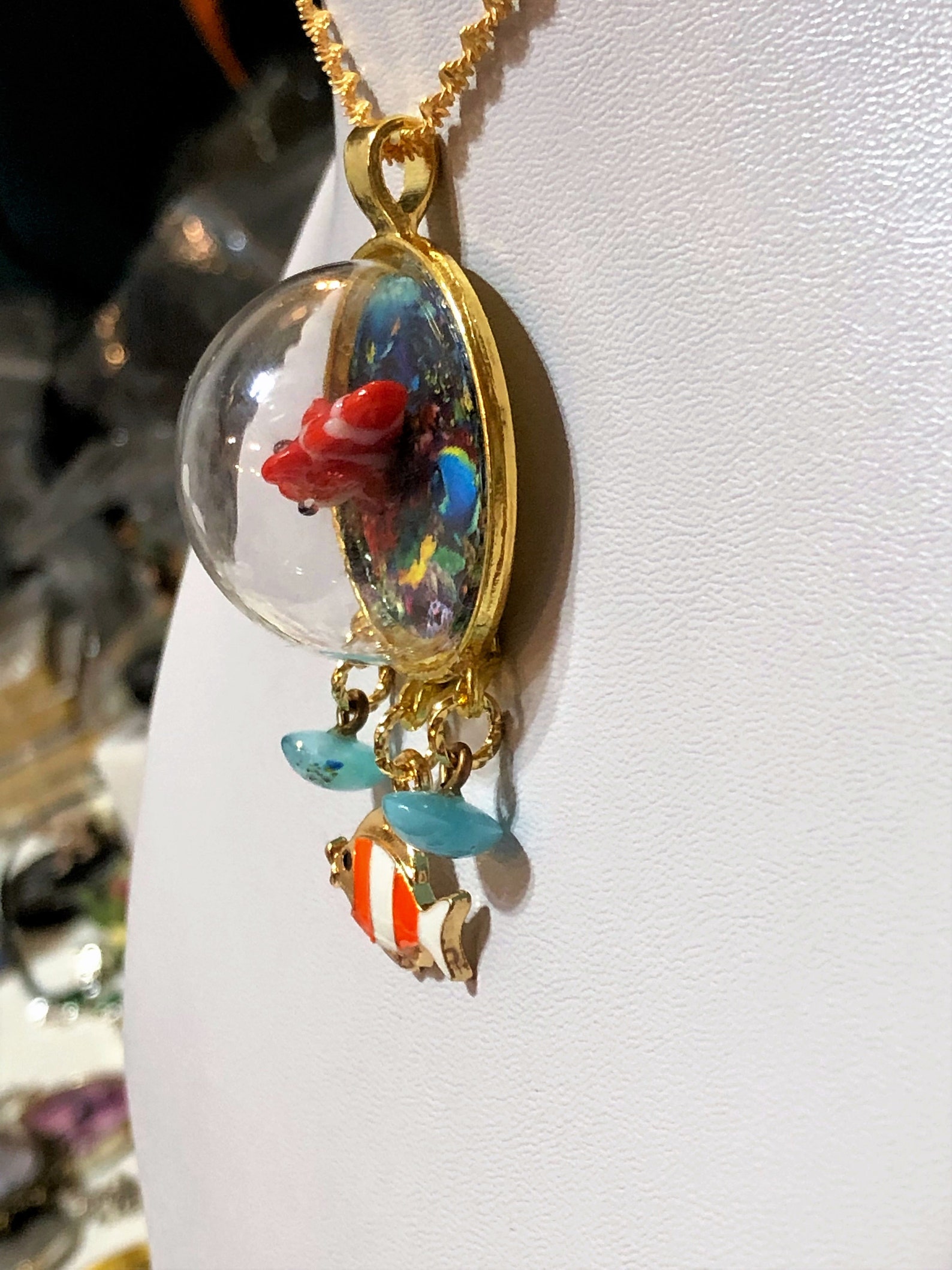 Glass Fish Necklace Gold Necklace Nemo Glass Globe Cabochon Pendant ...
