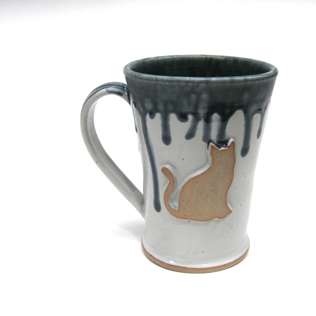 Tall Cat Mug, White Cat Mug, Blue Cat Mug, White Mug, Blue Mug, Ceramic ...