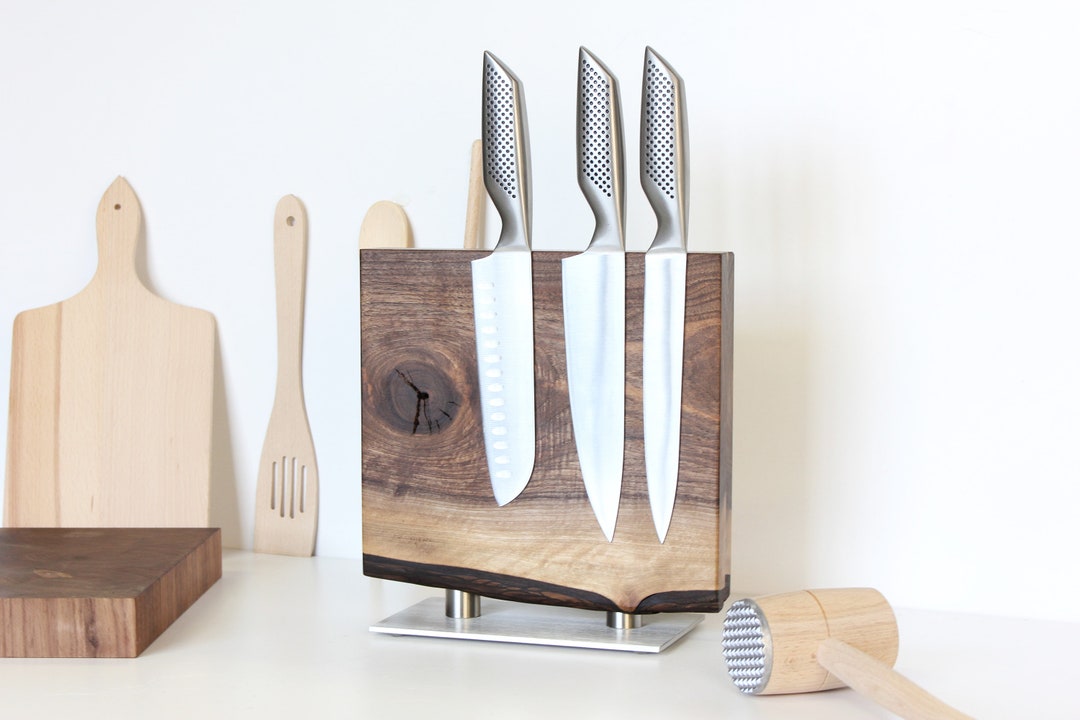 Live Edge Wood Knife Holder Magnetic Knife Stand With Metal Base - Etsy